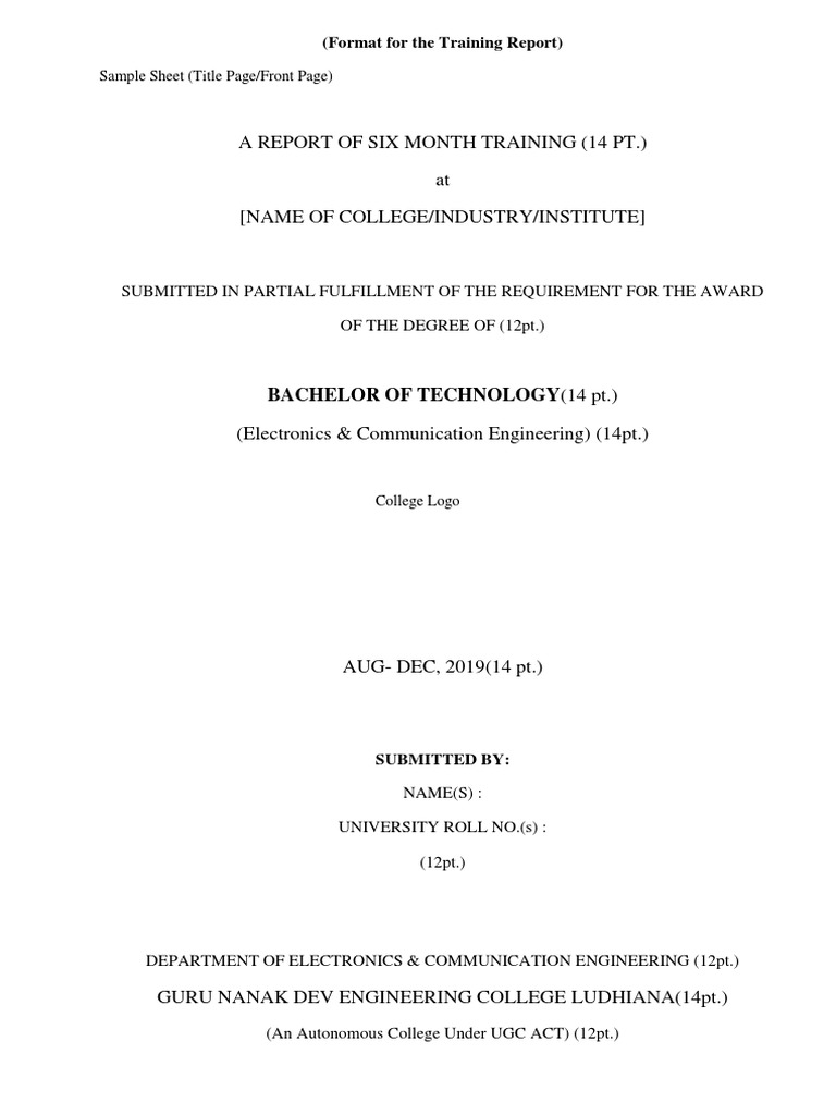 Six Month Training Report Format | PDF | Times New Roman | Thesis