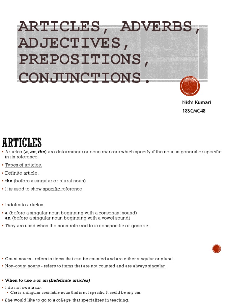 Articles, Adv. Adj. Preposition, Conjunction | PDF | Adverb | Adjective