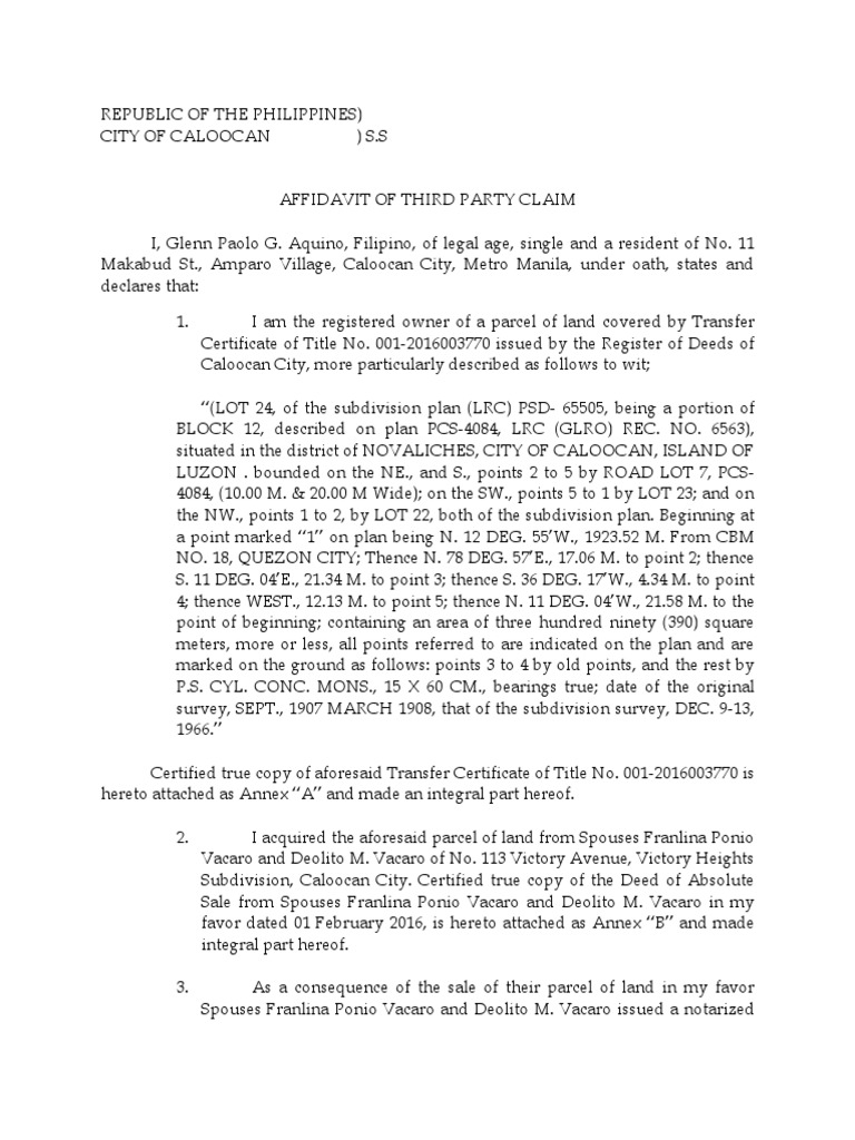 Third Party Claim | PDF | Affidavit | Civil Law (Common Law)