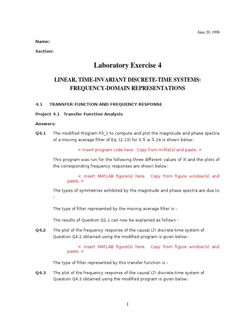 Laboratory Exercise 4: Linear, Time Invariant Discrete Time Systems: Frequency Domain ...