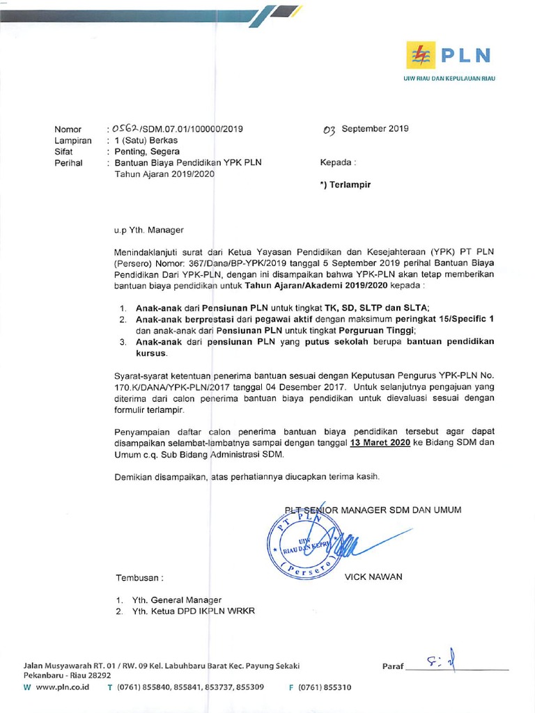 Surat Bantuan Biaya Pendidikan Ypk PLN Tahun Ajaran 2019-2020 PDF | PDF
