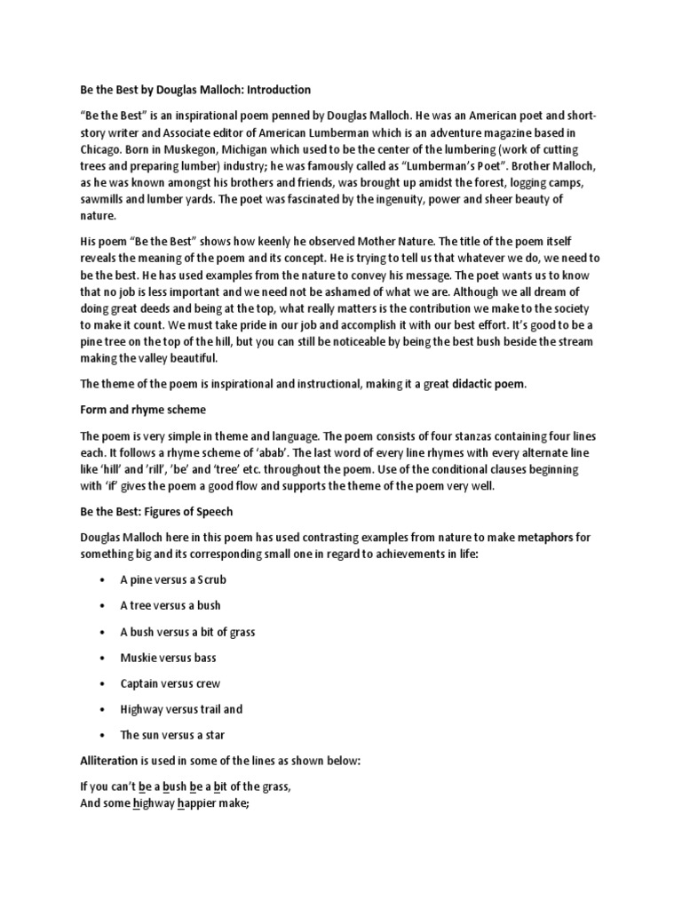 Be The Best by Douglas Malloch | PDF | Logging | Poetry