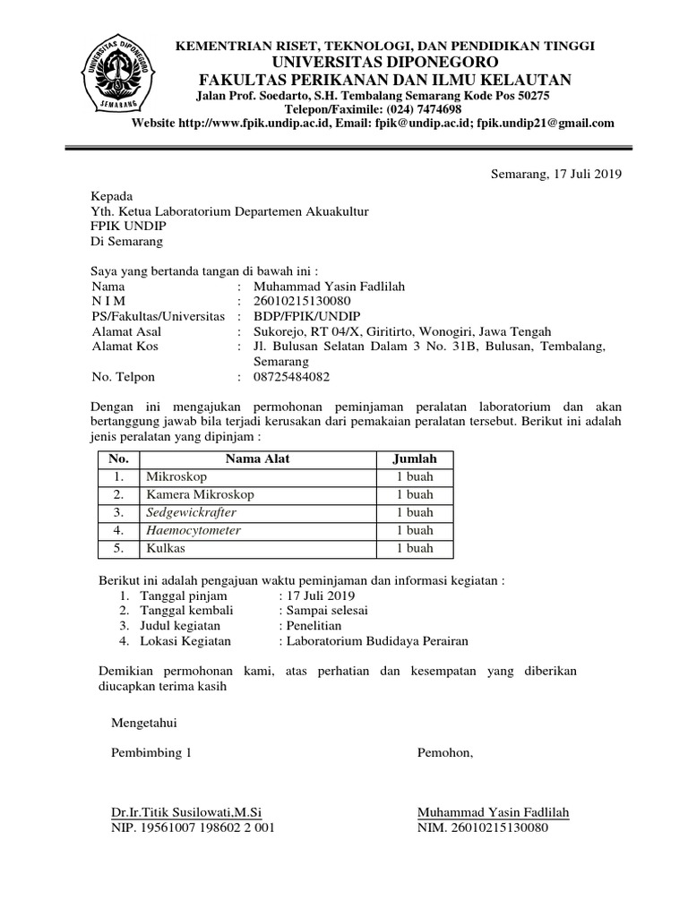 Surat Peminjaman Alat Lab | PDF