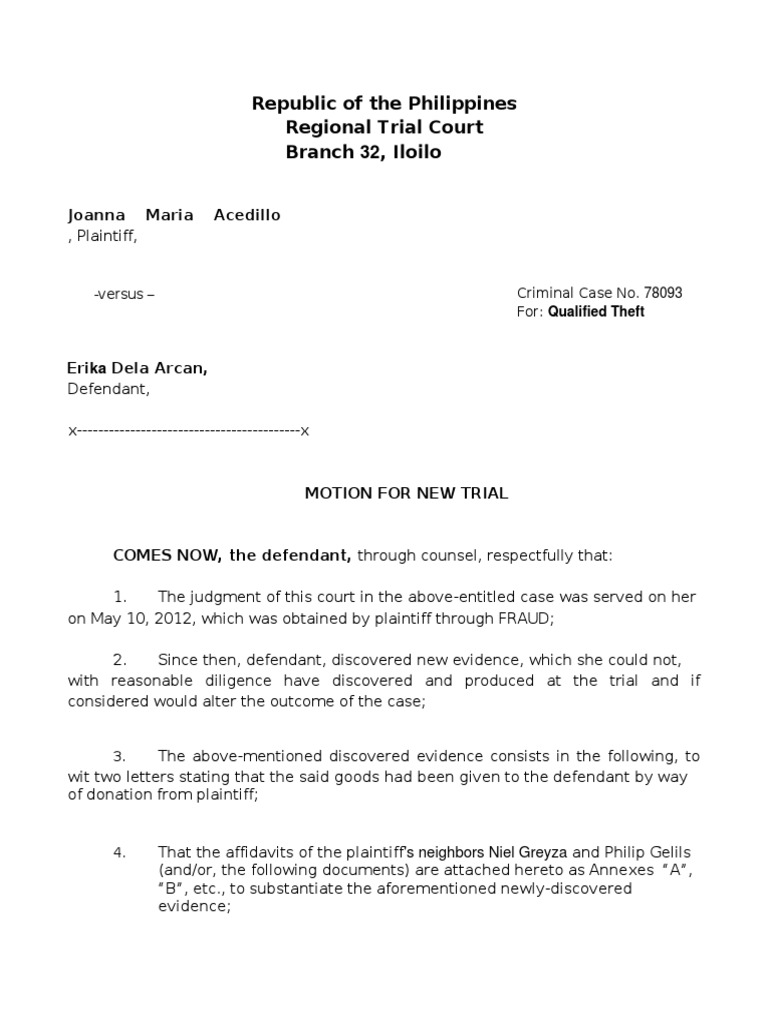 Motion For New Trial (Sample) | PDF | Virtue | Justice Motion For New Trial (Sample) | PDF | Virtue | Justice