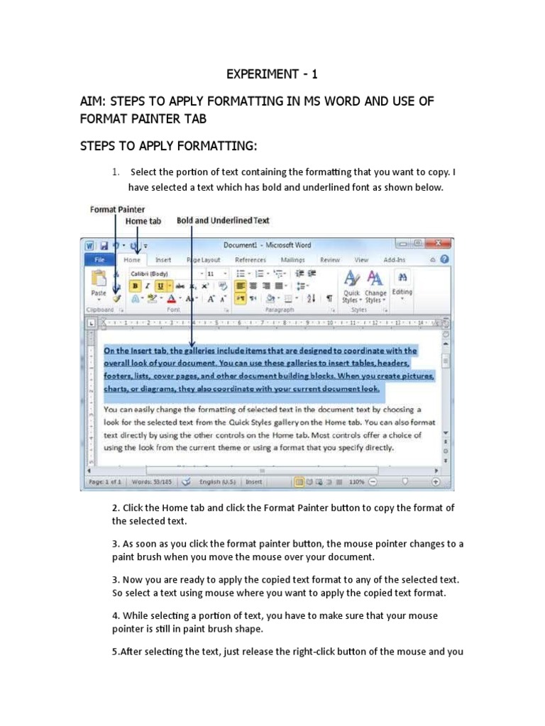 Experiment - 1 Aim: Steps To Apply Formatting in Ms Word and Use of ...