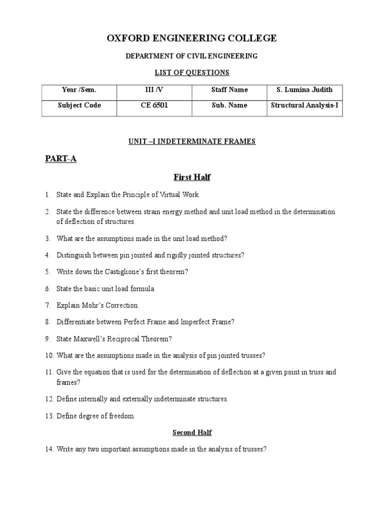 Oxford Engineering College Structural Analysis Questions | PDF ...