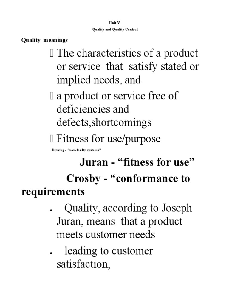 Juran - "Fitness For Use" Crosby - "Conformance To Requirements | PDF ...