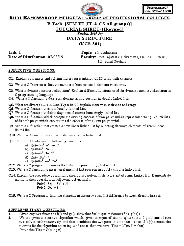 Data Structure (KCS 301) Tute 1 | PDF | Time Complexity | C (Programming Language)