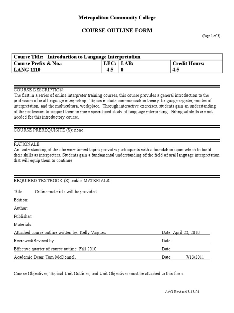 Course Outline Form: Metropolitan Community College | PDF | Language ...