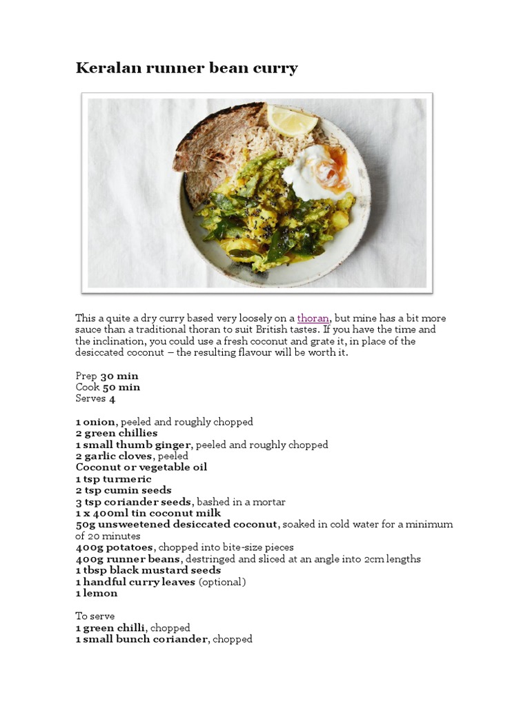 Keralan Runner Bean Curry Recipe | PDF | Curry | Cuisine