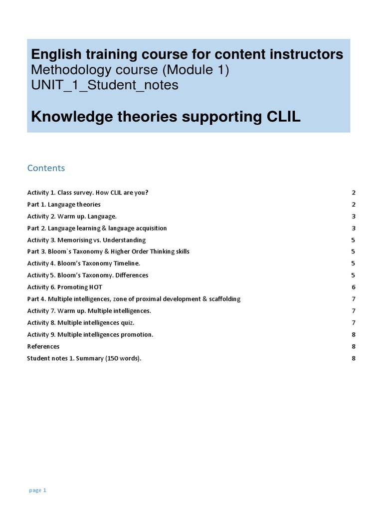 Knowledge Theories Supporting CLIL: Methodology Course (Module 1) UNIT ...