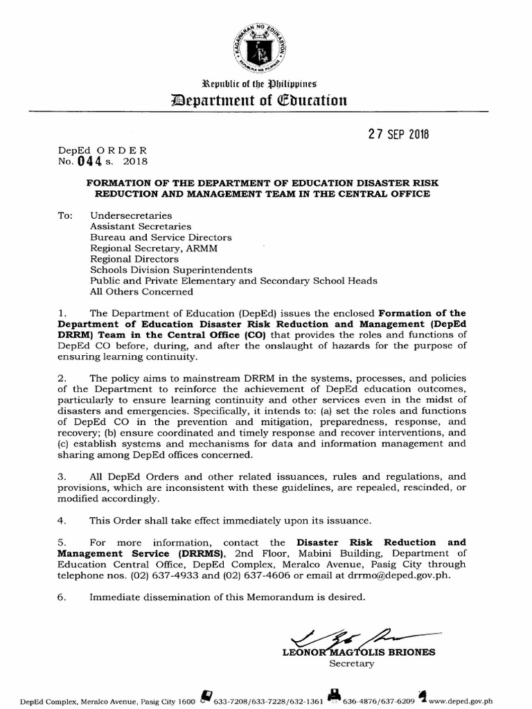 DepEd DRRM Team Formation Guidelines | PDF | Emergency Management | Hazards