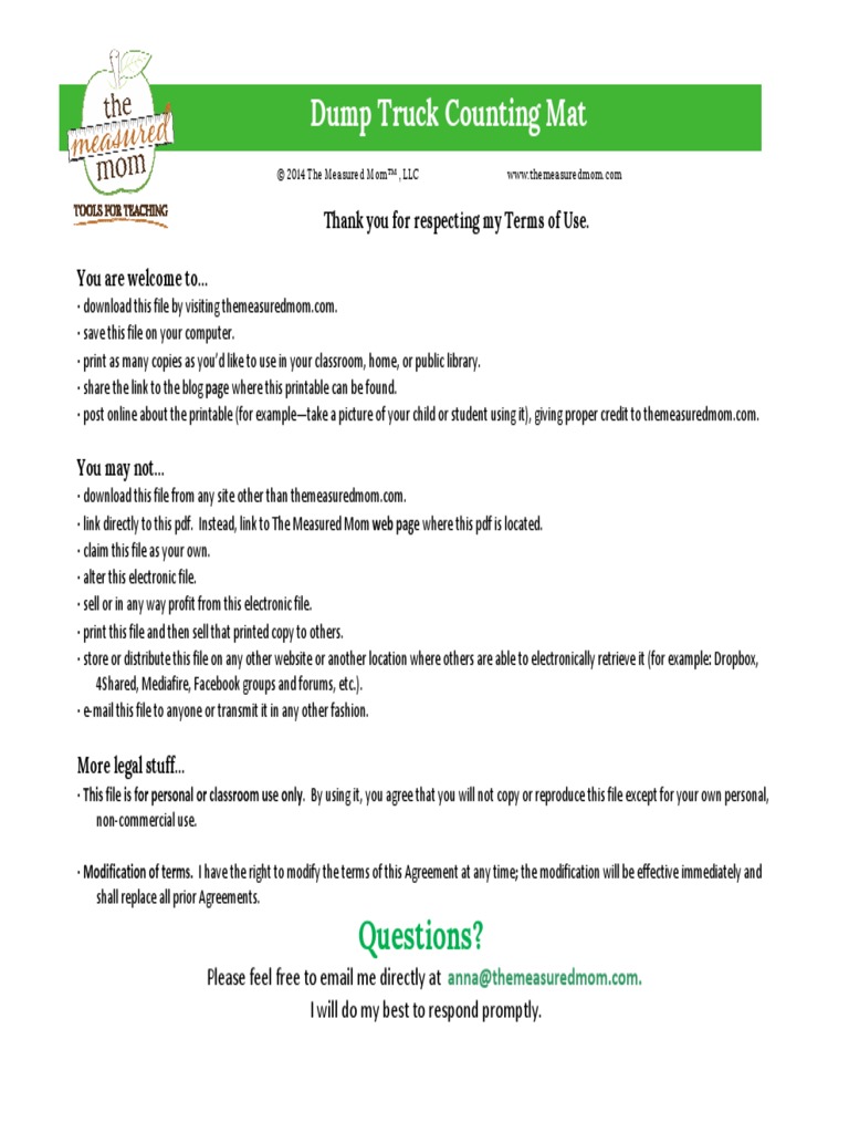 Dump Truck Counting Mat: Questions? | PDF