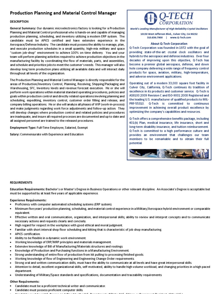 Production Planning and Material Control Manager | PDF | Inventory ...