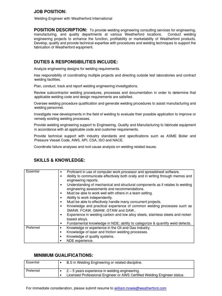 Welding Engineer Position at Weatherford | PDF | Engineering | Welding