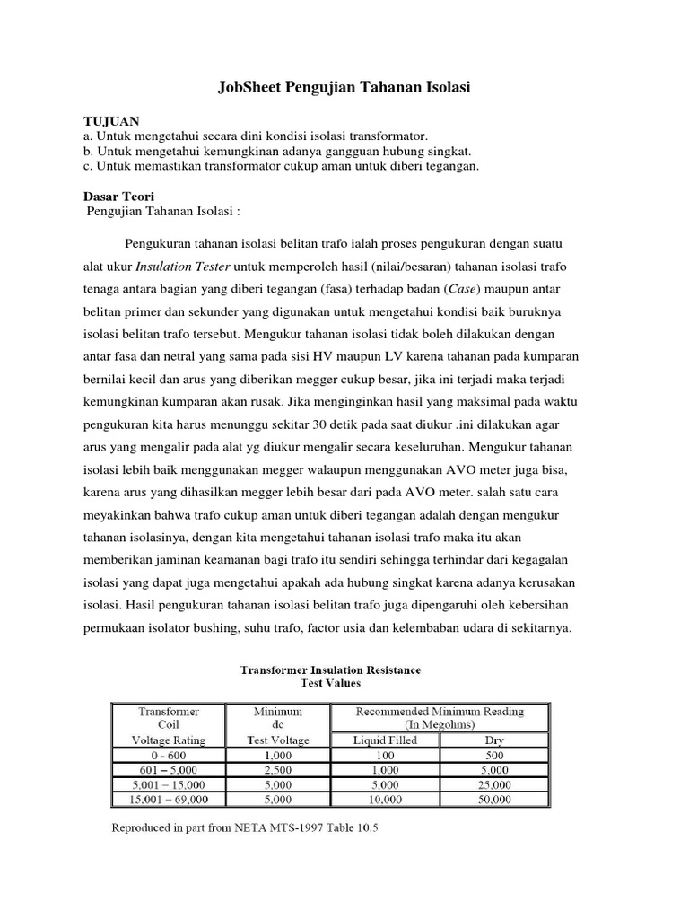 JobSheet Pengujian Tahanan Isolasi | PDF JobSheet Pengujian Tahanan Isolasi | PDF