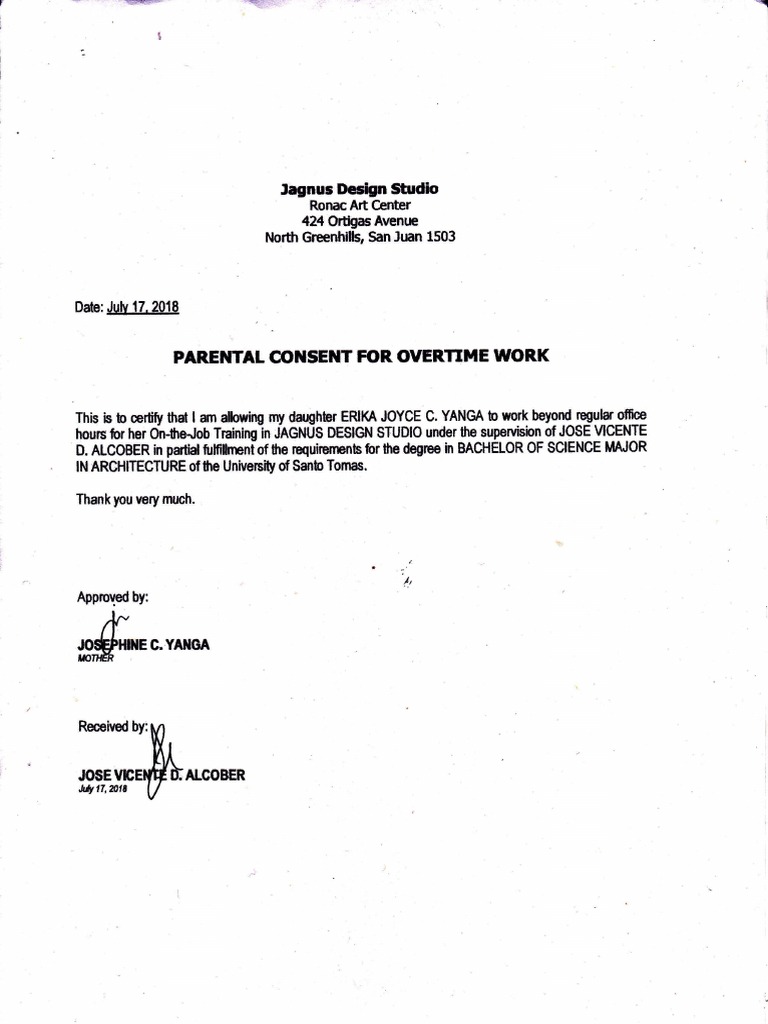 Letter Granting Permission for Overtime Work During an Internship ...