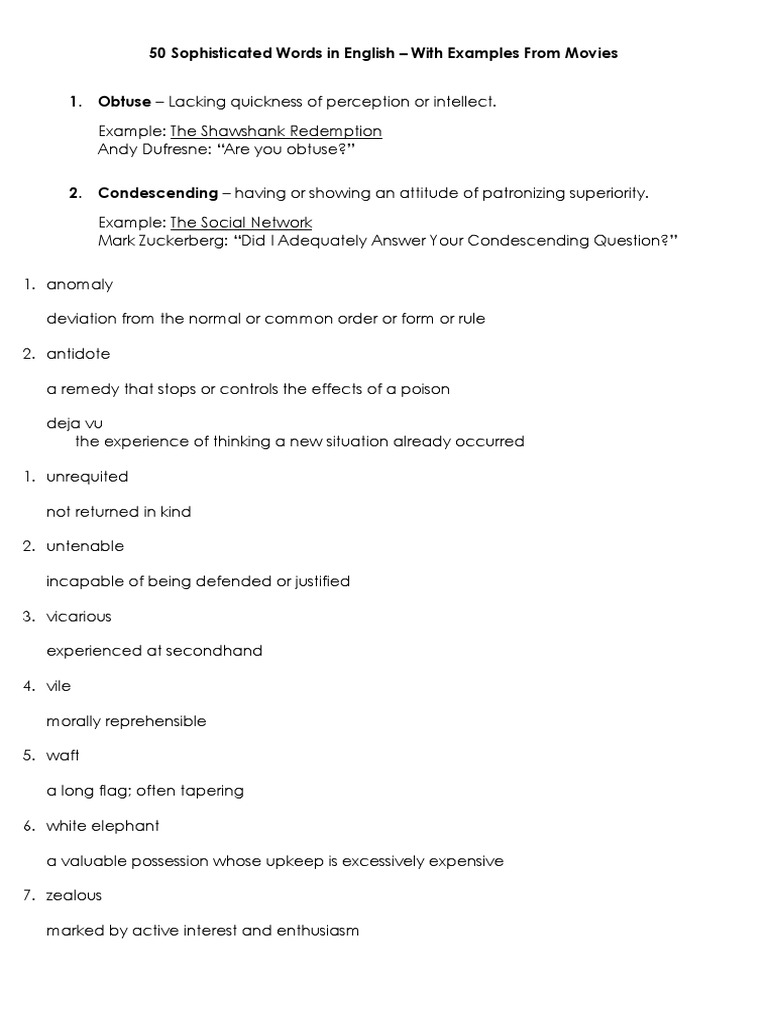 50 Sophisticated Words in English - With Examples From Movies 1. Obtuse ...