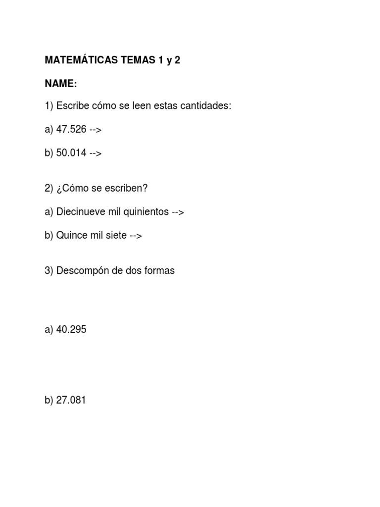 EXAMEN MATEMATICAS 3 Primaria | PDF