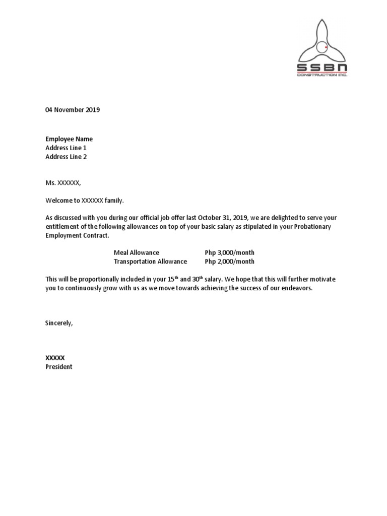 Employee Allowance Notification Letter | PDF