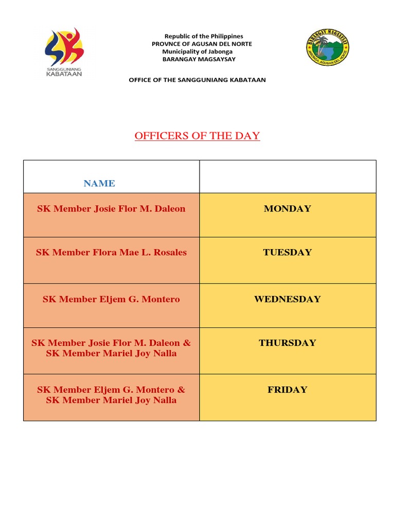 SK Officers Schedule in Jabonga | PDF