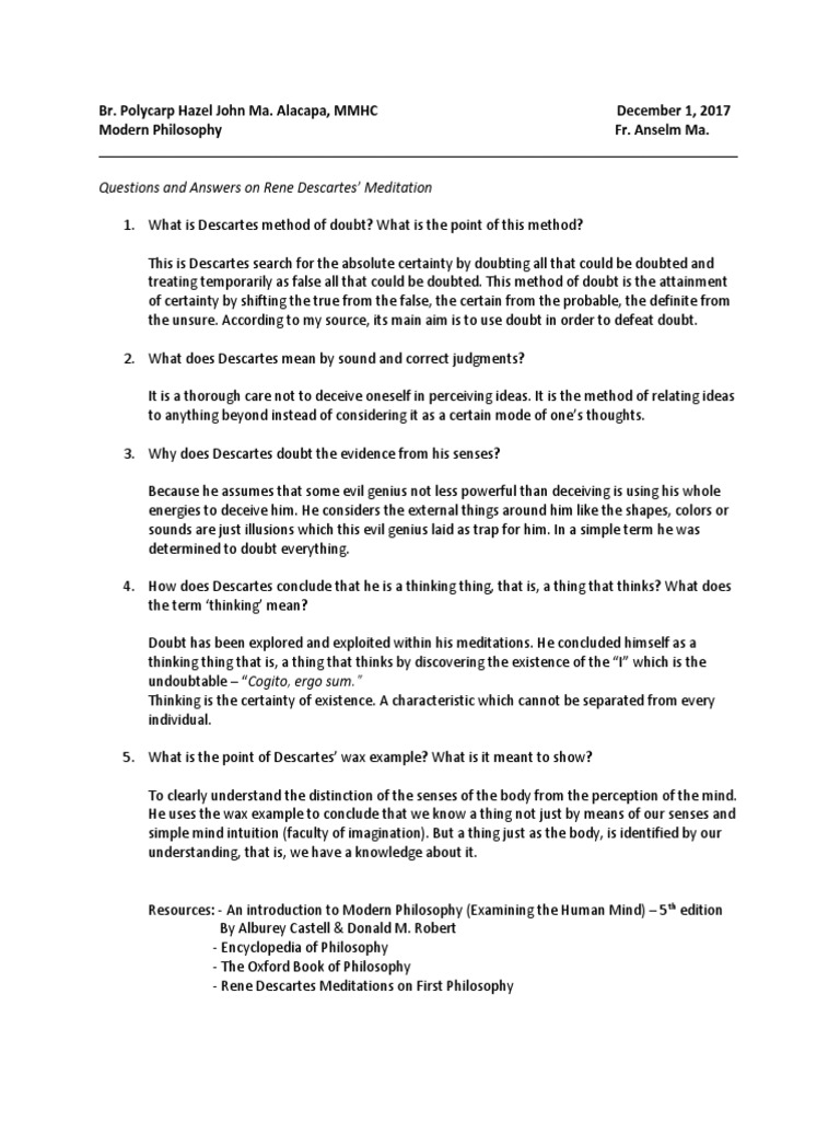 An Analysis of Key Concepts from Rene Descartes' Meditation on First ...
