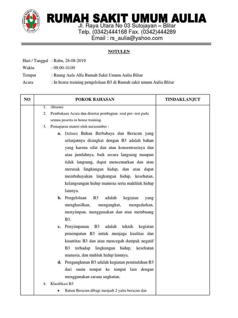 Notulen In House Training B3 | PDF