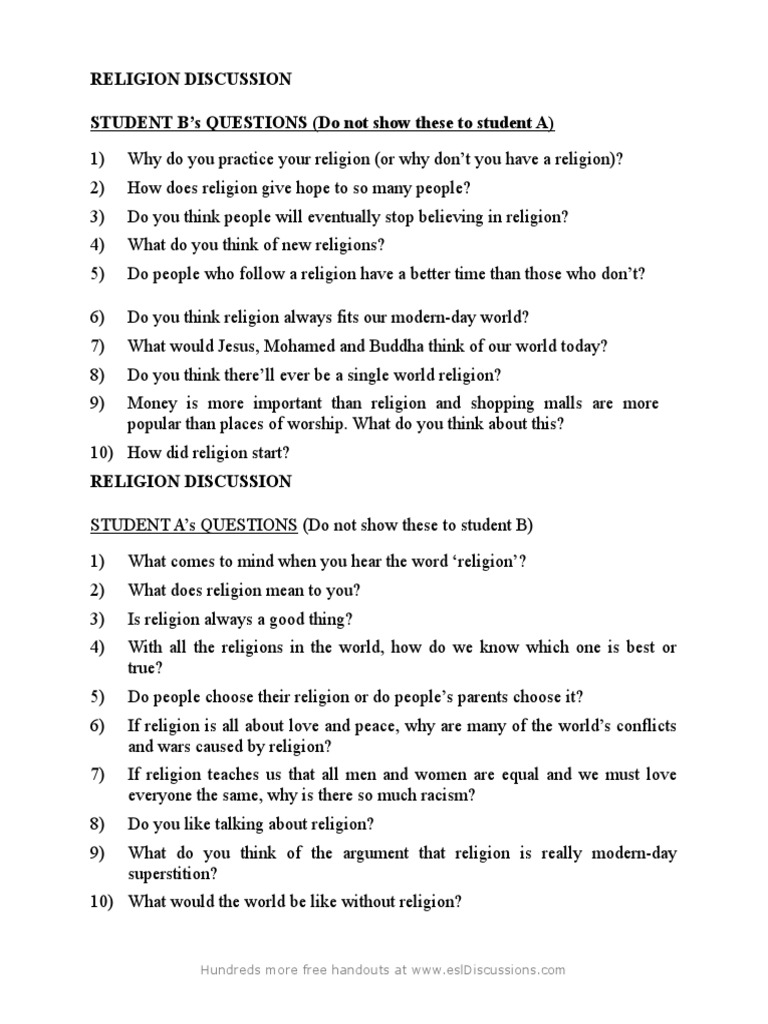 Religion Discussion STUDENT B's QUESTIONS (Do Not Show These To Student ...