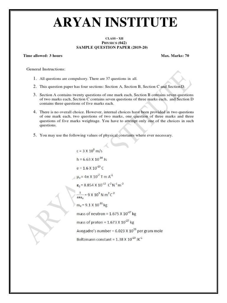 Physics Class 12 Sample Paper | PDF | Electron | Photoelectric Effect