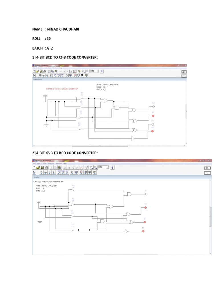 Name: Ninad Chaudhari Roll: 30 Batch: A - 2 1) 4-Bit BCD To Xs-3 Code ...