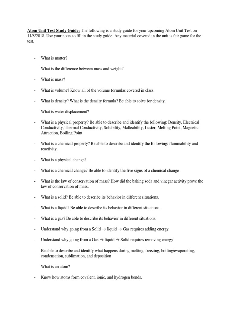 Atom Unit Test Study Guide: The Following Is A Study Guide For Your ...