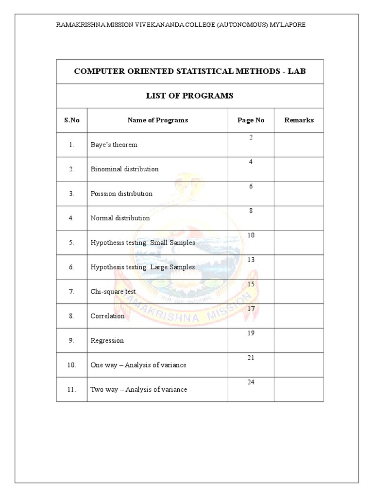 Computer Oriented Statistical Methods - Lab List of Programs | PDF ...