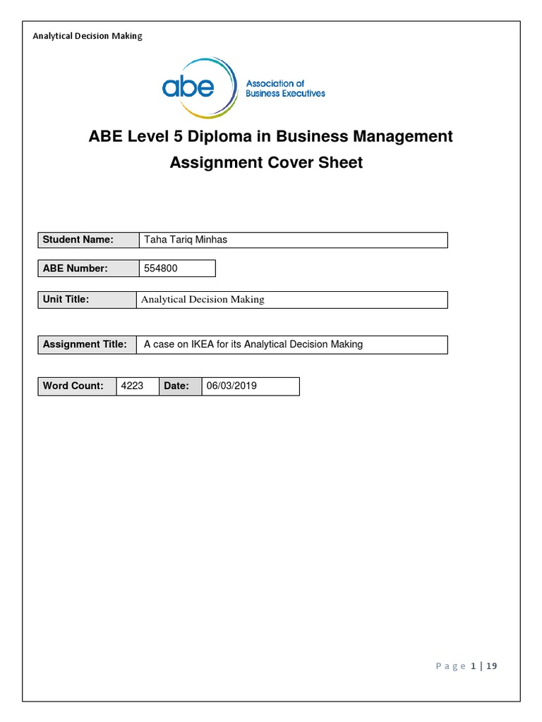 ABE Level 5 Diploma in Business Management Assignment Cover Sheet | PDF ...