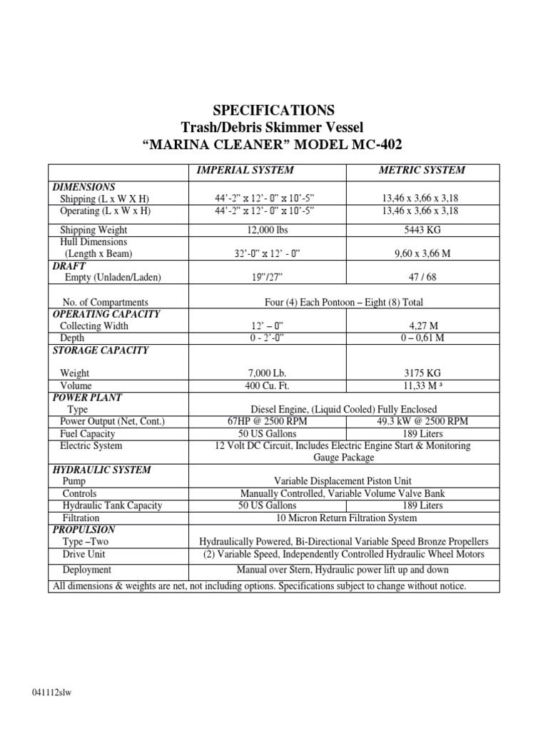 Specifications Trash/Debris Skimmer Vessel "Marina Cleaner" Model Mc ...