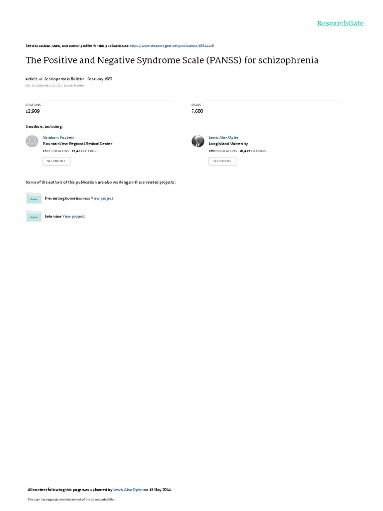 The Positive and Negative Syndrome Scale PANSS For | PDF | Anxiety ...