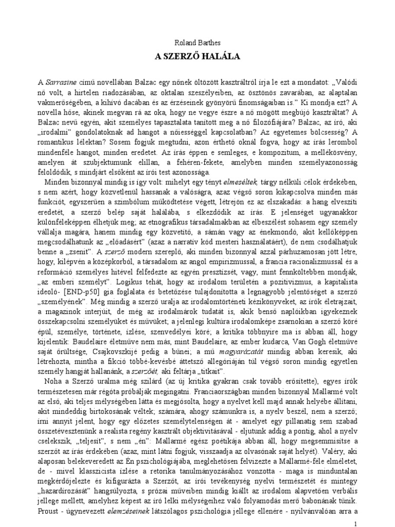 Barthes, Roland - A Szerző Halála | PDF