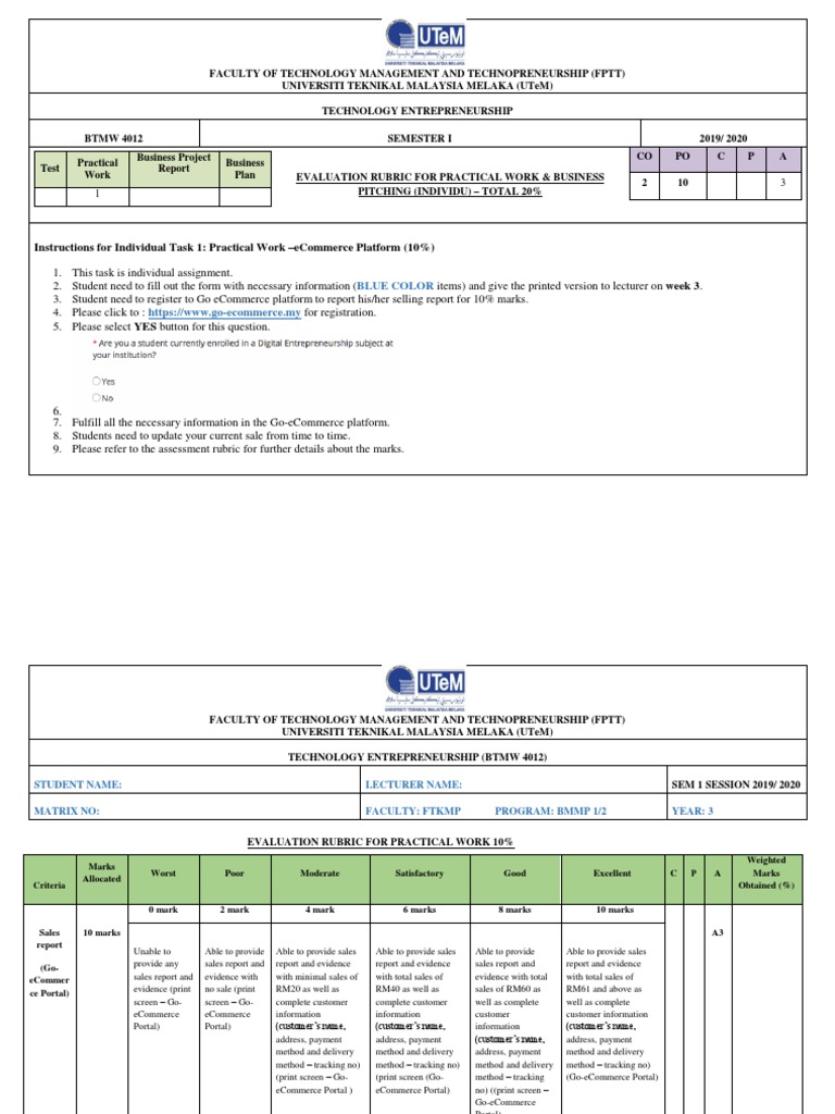 Individual Task - Practical Work & Pitching - Guideline & Rubric 20% ...