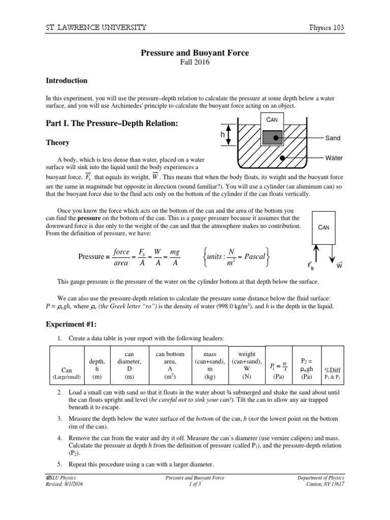 Pressure and Buoyant Force: Part I. The Pressure-Depth Relation | PDF ...
