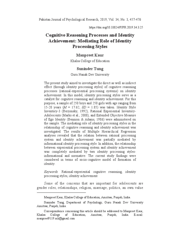 Cognitive Reasoning and Identity Styles | PDF | Identity (Social ...