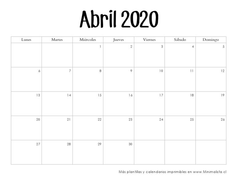 Calendario Abril 2020 Imprimible PDF | PDF