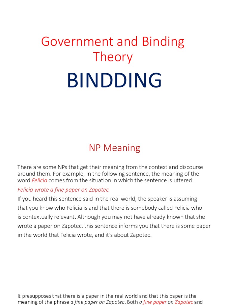 Government and Binding Theory: Bindding | PDF | Pronoun | Syntactic Relationships