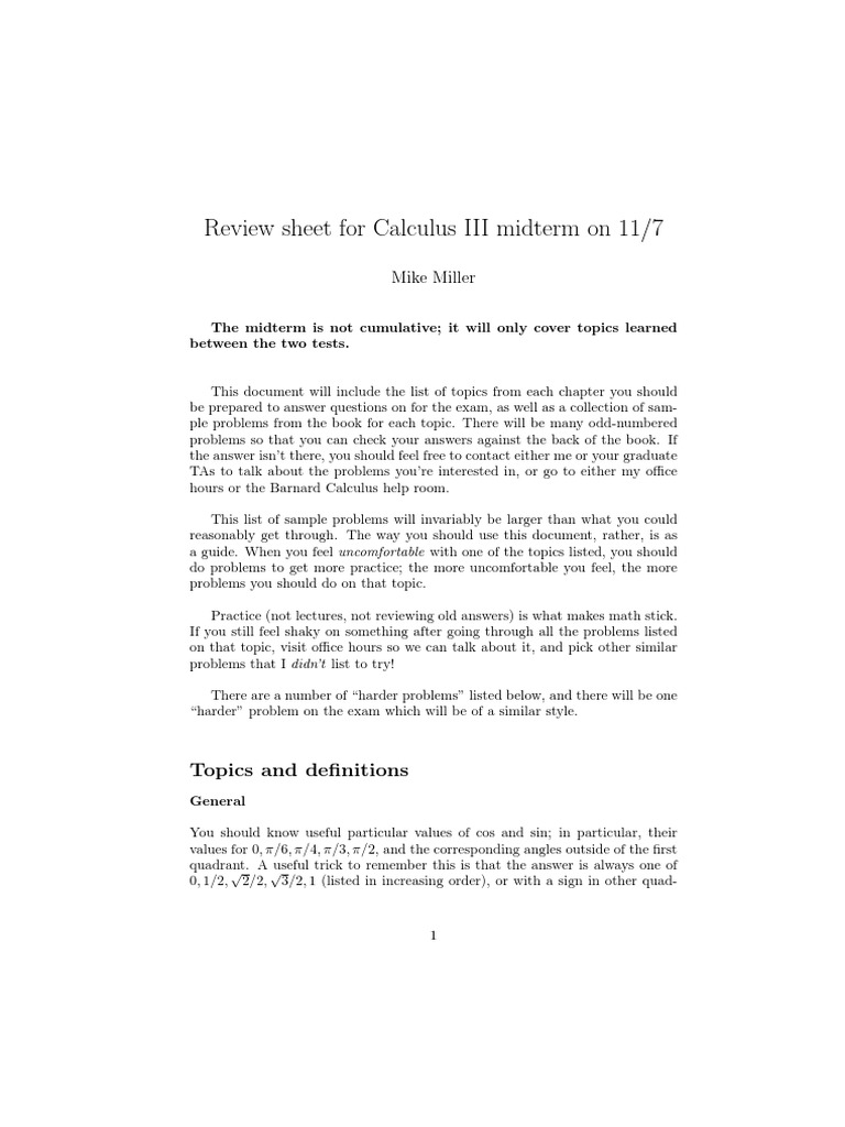 Calc III Review Sheet 2 | PDF | Derivative | Function (Mathematics)