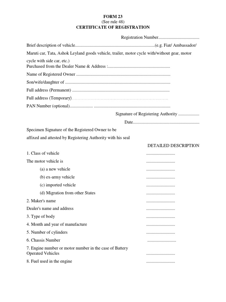 Form 23 Certificate of Registration | PDF | Axle | Vehicles
