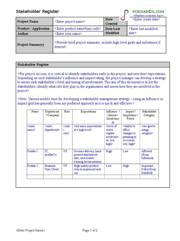 Project Stakeholder Register Template | PDF | Computing | Business