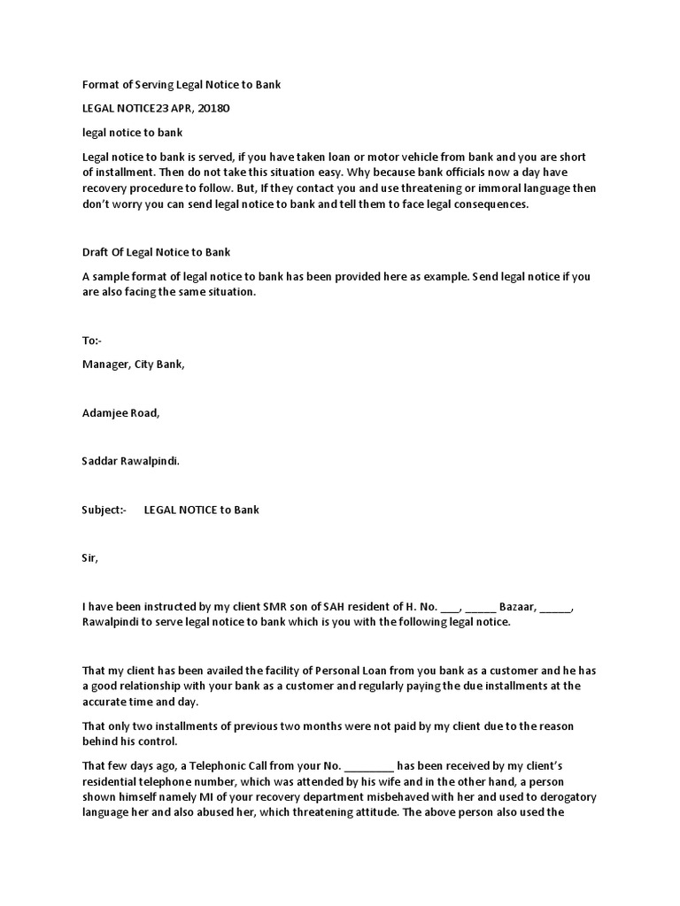 Format of Serving Legal Notice To Bank | PDF | Banks | Virtue