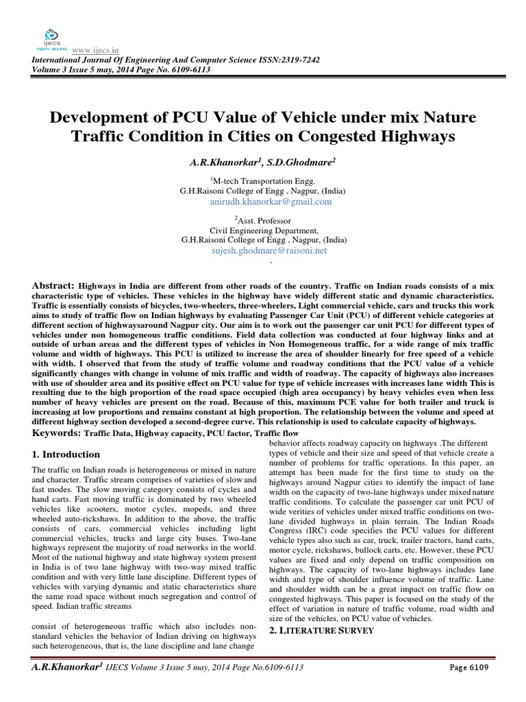 Development of PCU Value of Vehicle Under Mix Nature Traffic Condition ...