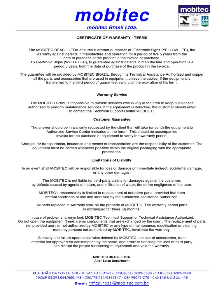 Mobitec Brazil LED Sign Warranty Terms | PDF | Guarantee | Civil Law ...