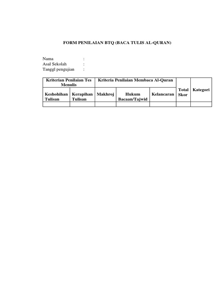 Form Penilaian BTQ | PDF