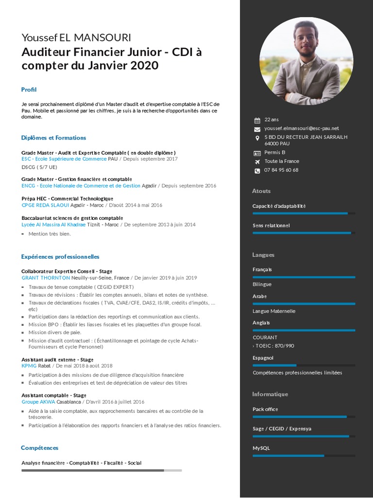 CV Auditeur Financier Junior - Youssef El Mansouri | PDF | Comptabilité ...