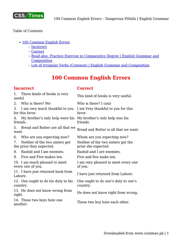 100 Common English Errors - Dangerous Pitfalls - English Grammar | PDF ...